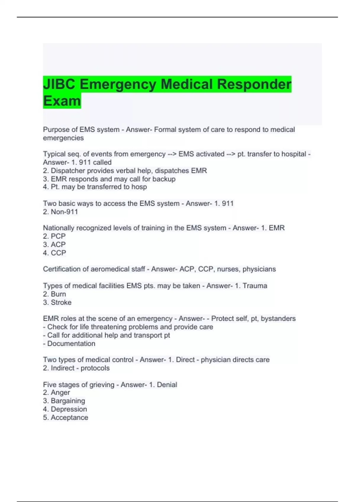 JIBC Emergency Medical Responder Exam with correct Answers 2024 - JIBC ...
