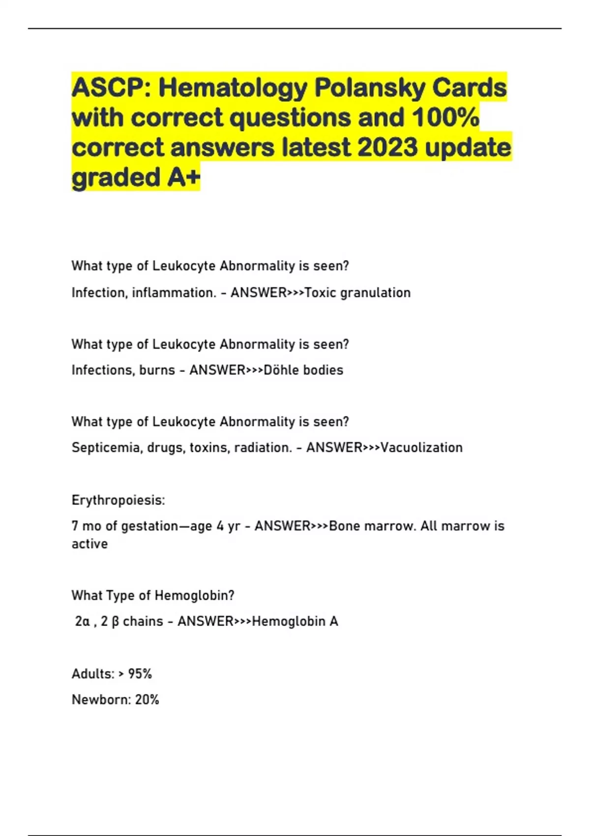 ASCP: Hematology Polansky Cards with correct questions and 100% correct ...