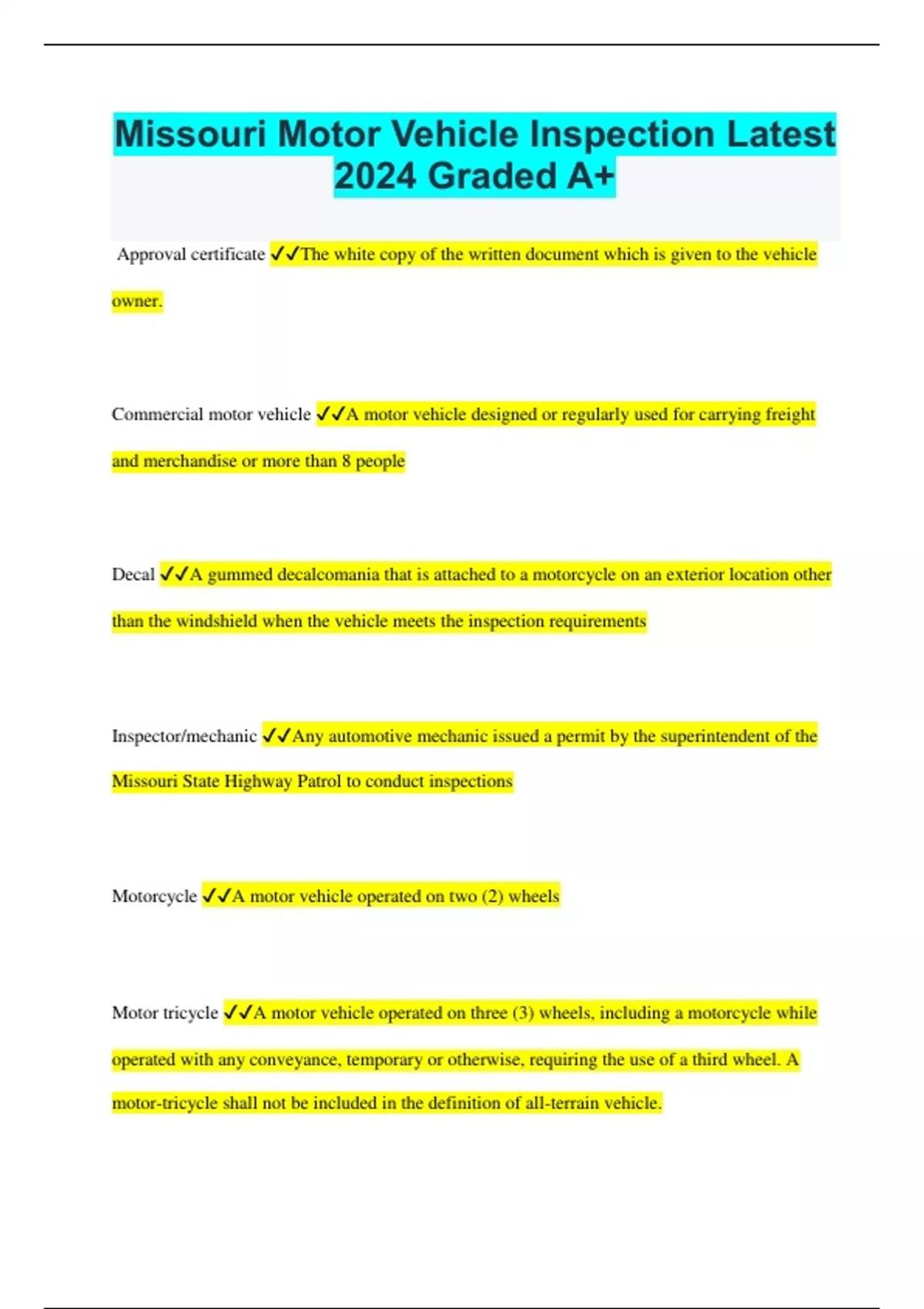 Missouri Motor Vehicle Inspection Latest 2024 Graded A+ - Missouri ...
