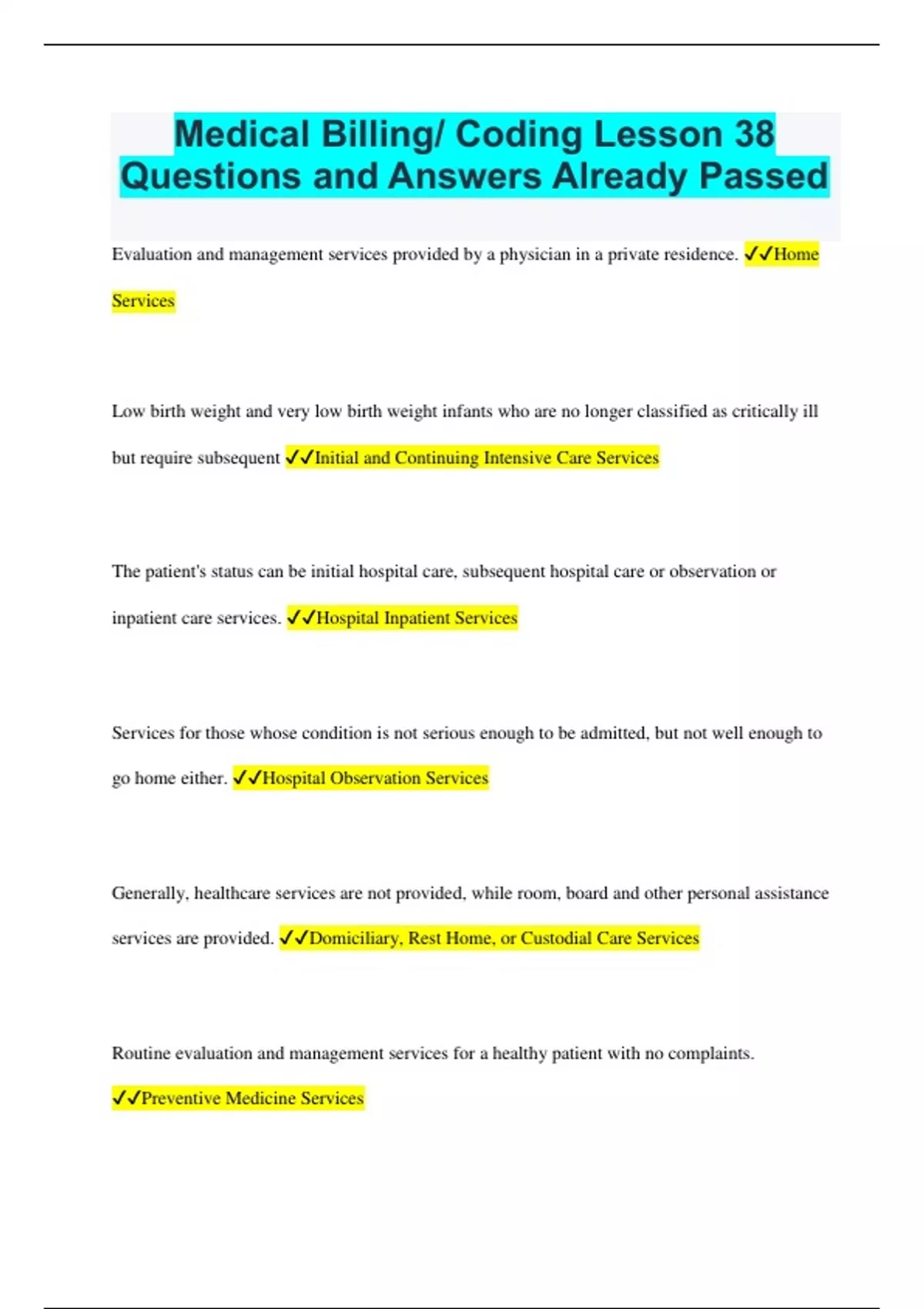 Medical Billing/ Coding Lesson 38 Questions and Answers Already Passed ...