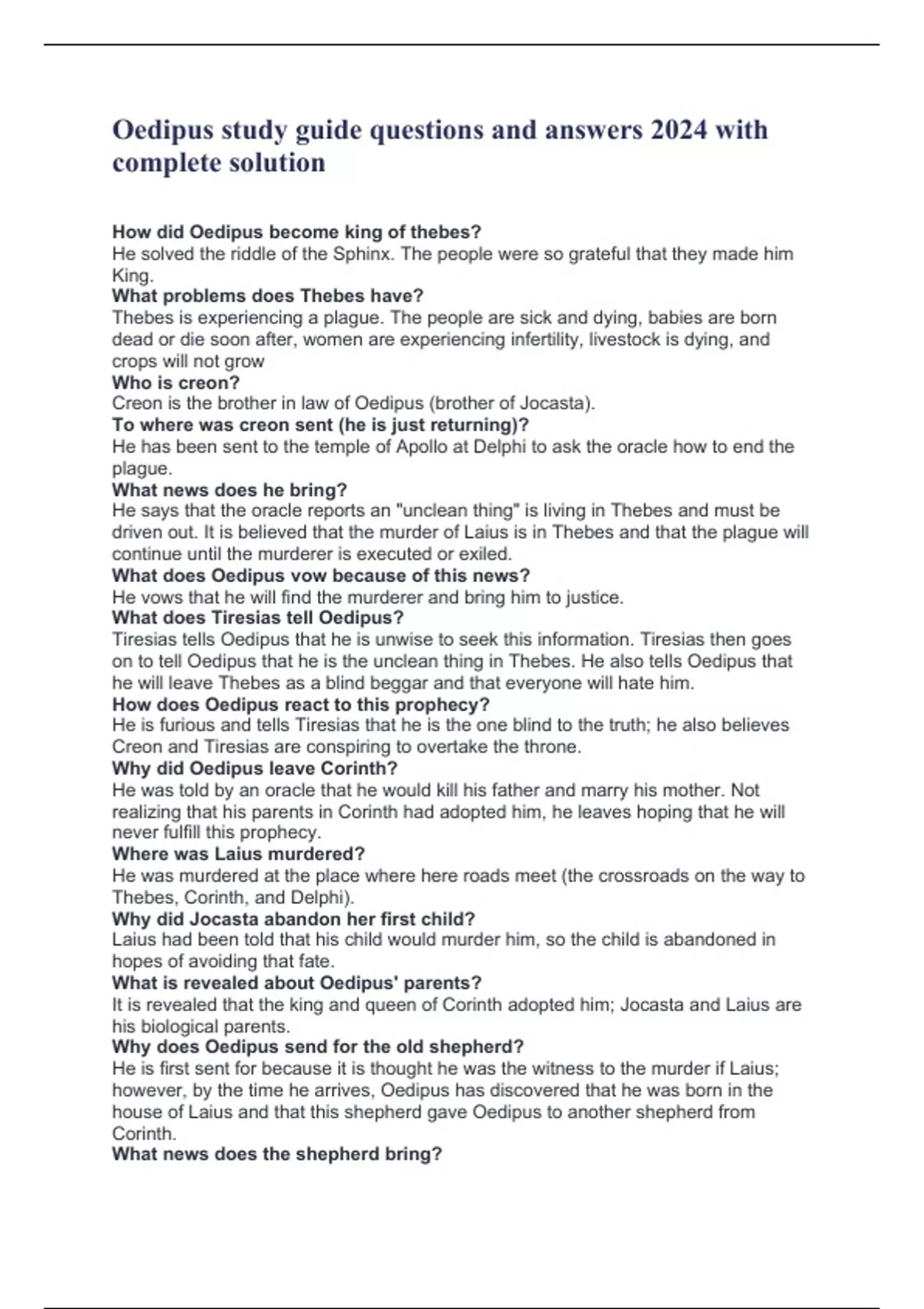 Oedipus study guide questions and answers 2024 with complete solution ...