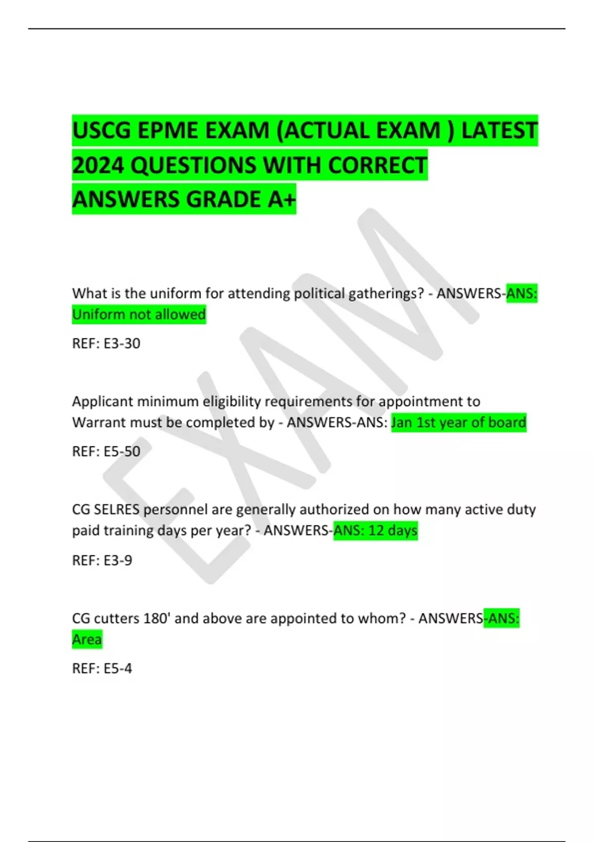 USCG EPME EXAM (ACTUAL EXAM ) LATEST 2024 QUESTIONS WITH CORRECT ...
