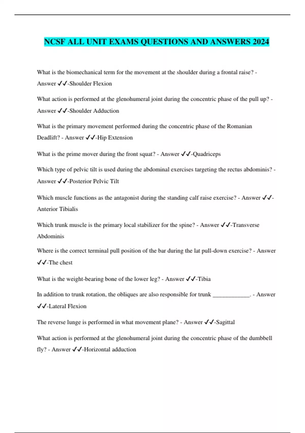 NCSF ALL UNIT EXAMS QUESTIONS AND ANSWERS 2024 - NCSF - Stuvia US