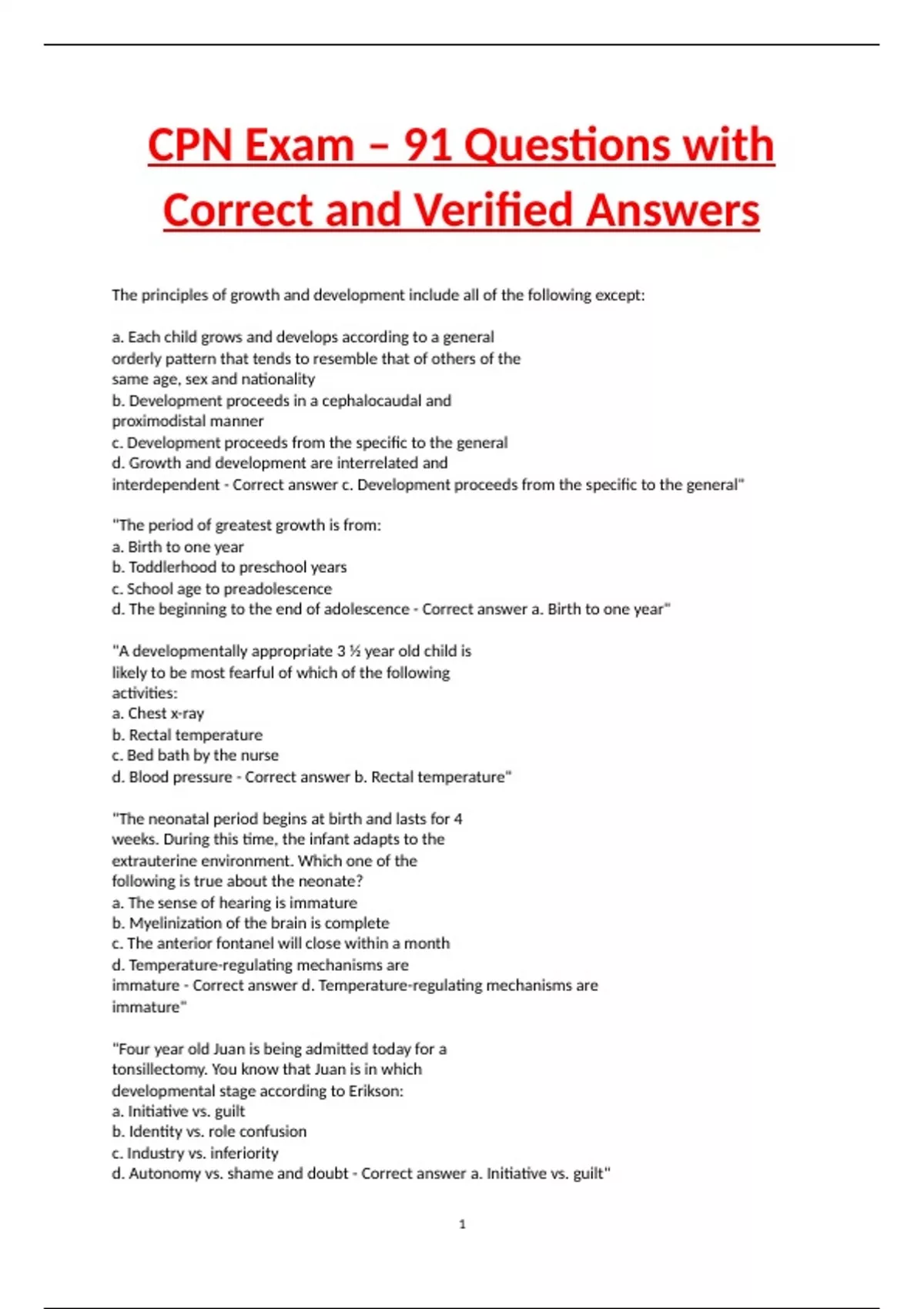 CPN Exam – 91 Questions with Correct and Verified Answers - CPN - Stuvia US