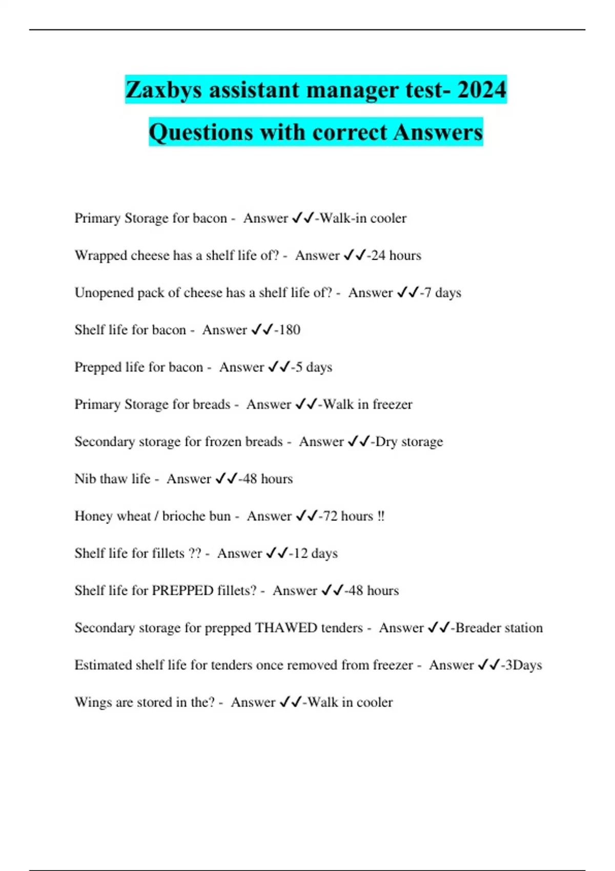 Zaxbys assistant manager test- 2024 Questions with correct Answers ...