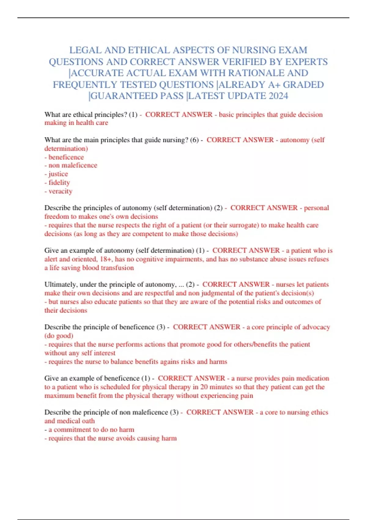 LEGAL AND ETHICAL ASPECTS OF NURSING EXAM QUESTIONS AND CORRECT ANSWER VERIFIED BY EXPERTS ...