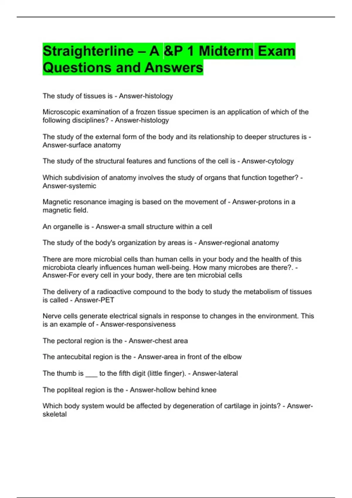 Straighterline – A &P 1 Midterm Exam Questions and Answers ...