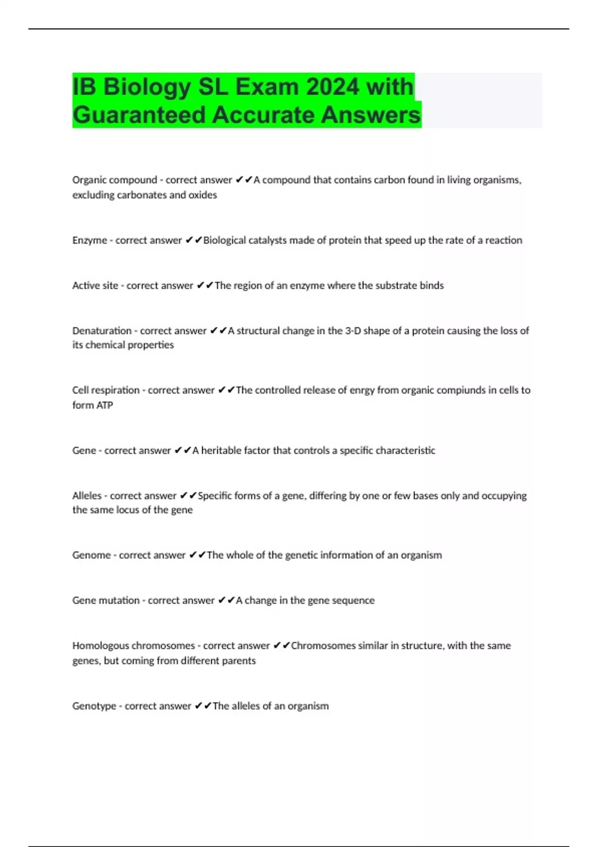 IB Biology SL Exam 2024 with Guaranteed Accurate Answers - IB Biology SL - Stuvia US