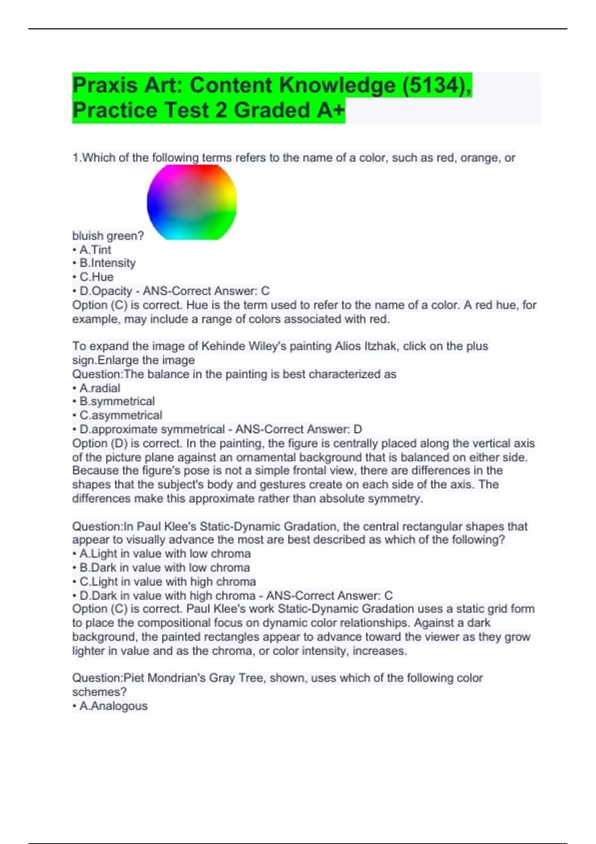Praxis Art Content Knowledge (5134), Practice Test 2 Graded A+ verified ...