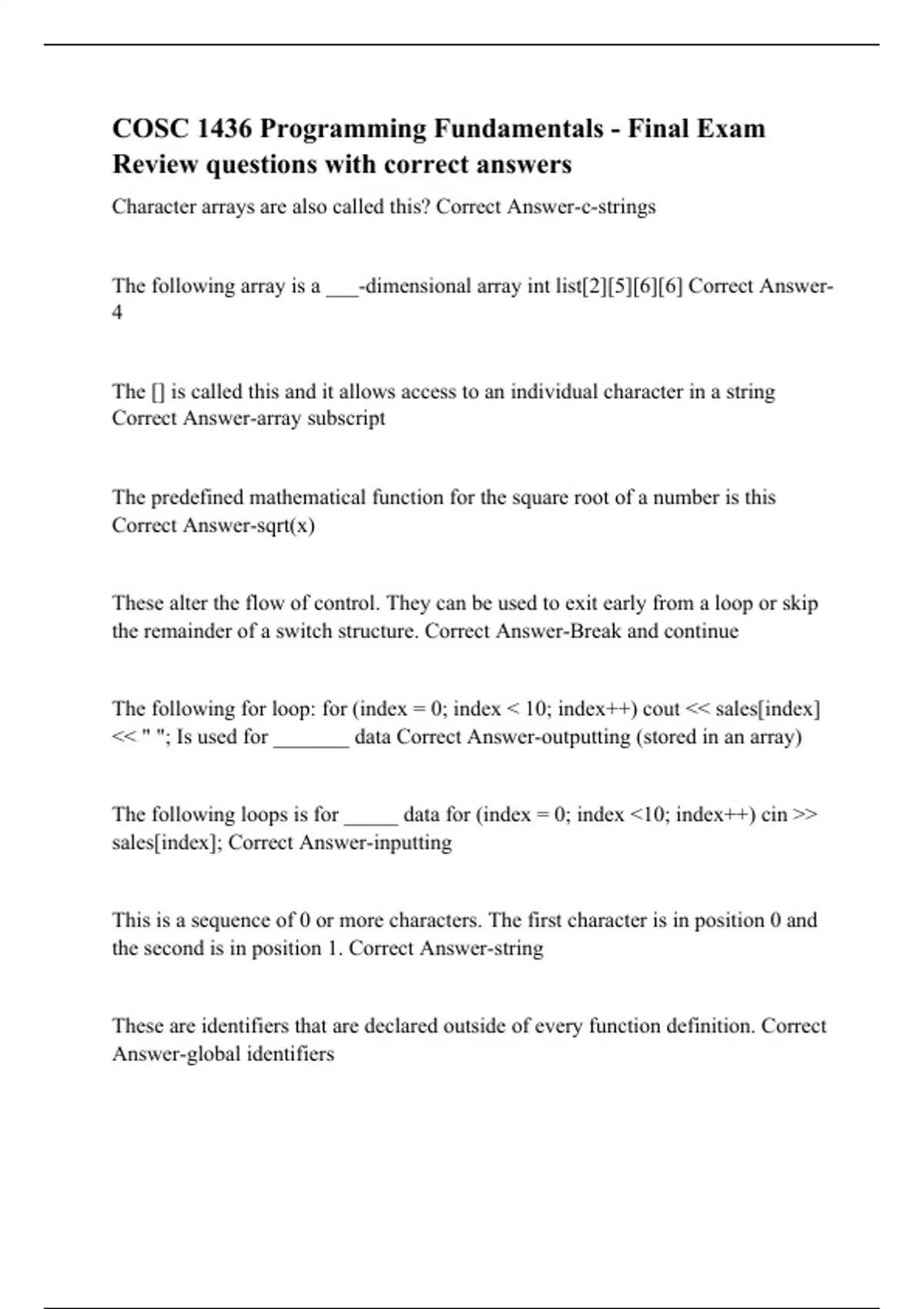 COSC 1436 Programming Fundamentals - Final Exam Review questions with correct answers - COSC ...