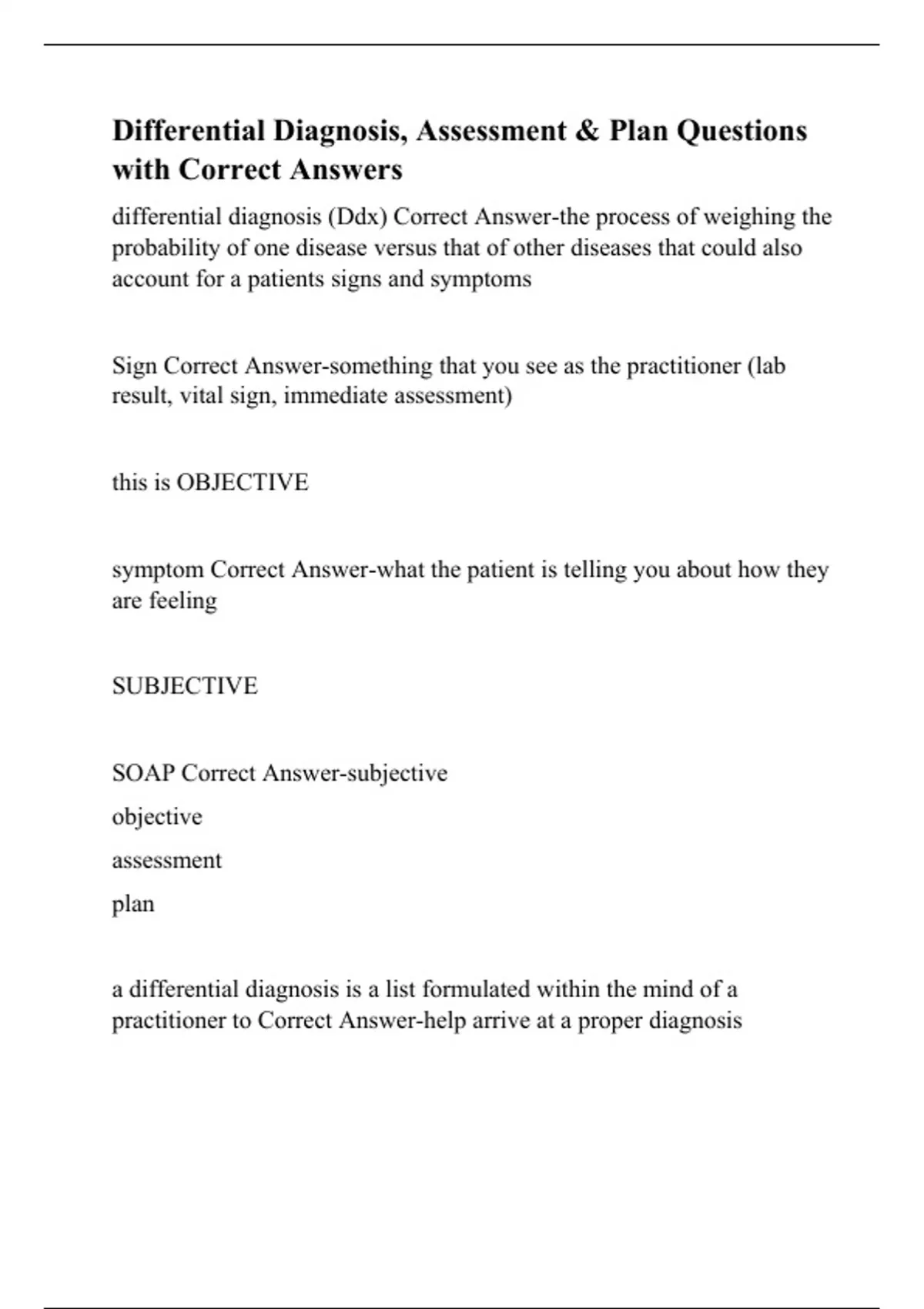 Differential Diagnosis, Assessment & Plan Questions with Correct ...