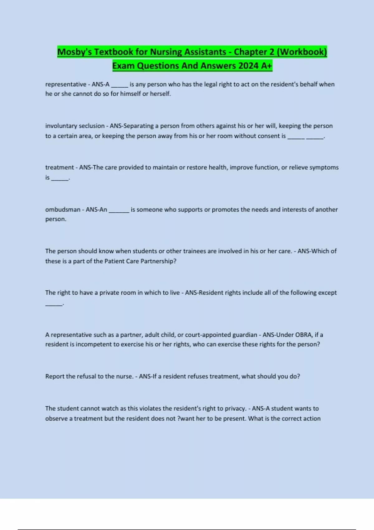 Mosby's Textbook for Nursing Assistants - Chapter 2 (Workbook) Exam ...