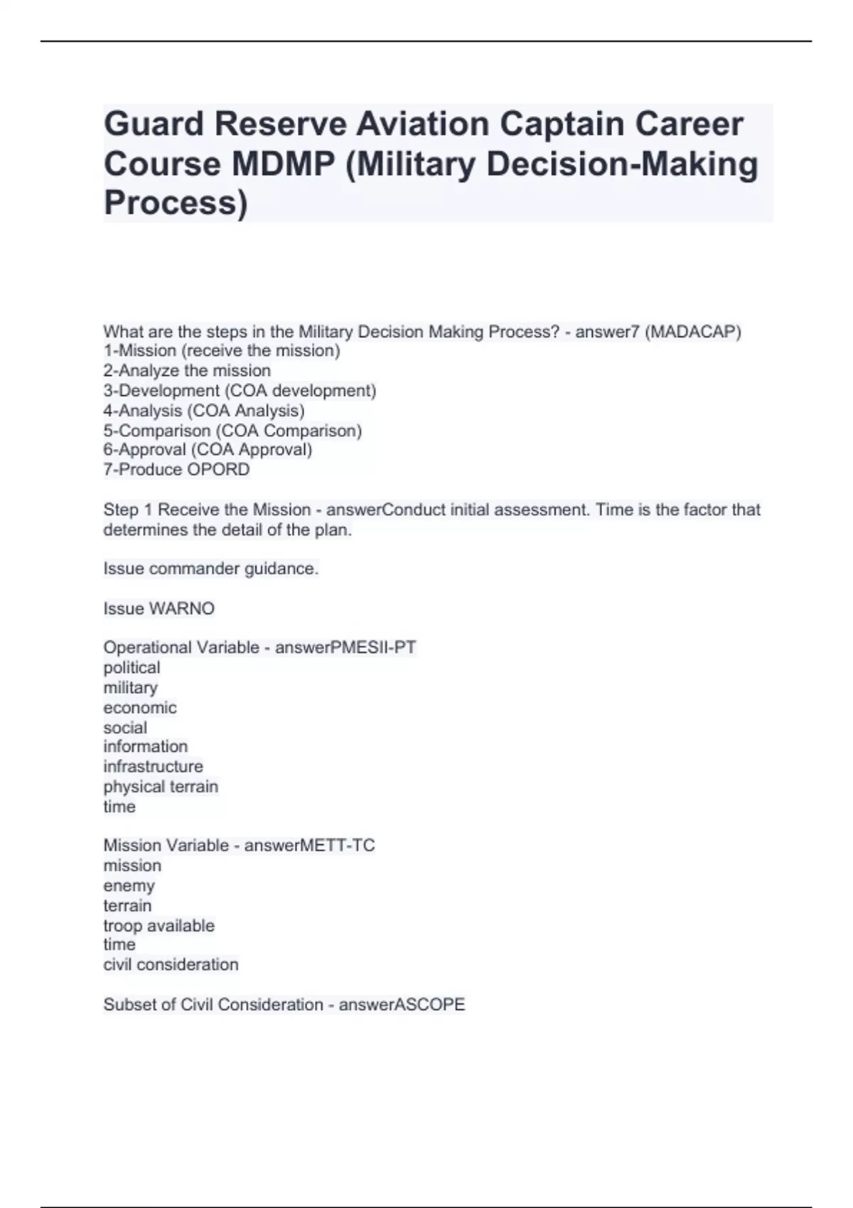Guard Reserve Aviation Captain Career Course MDMP (Military Decision-Making Process) Questions ...