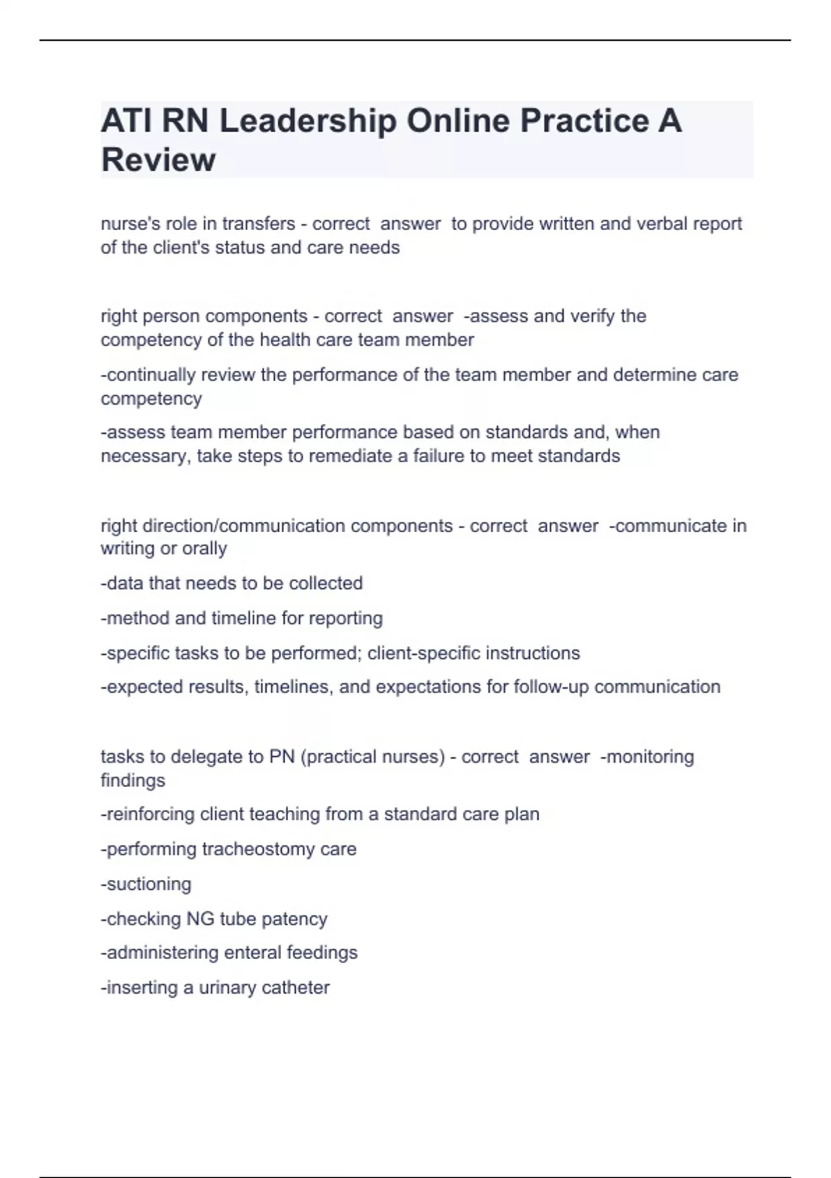 ATI RN Leadership Online Practice A Review Question and answers ...