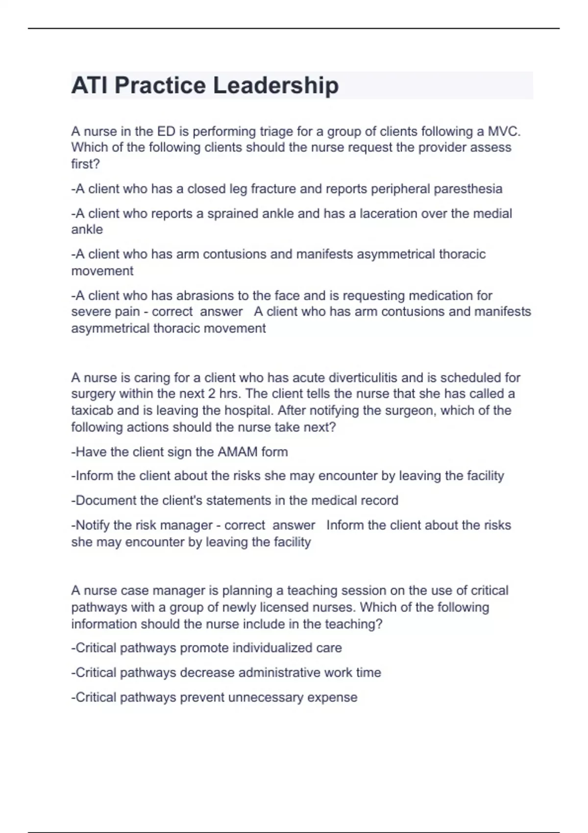 ATI Practice Leadership Question and answers 100% correct 2024 - ATI RN ...