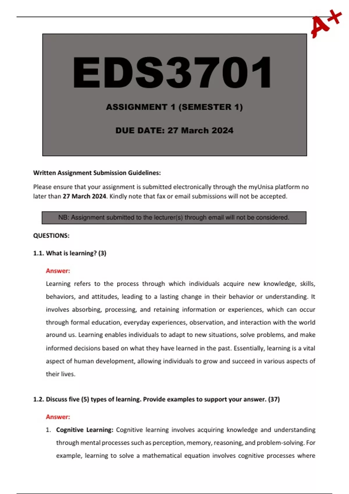 EDS3701 Assignment 1 [Detailed Answers] Semester 1 - Due: 27 March 2024 ...