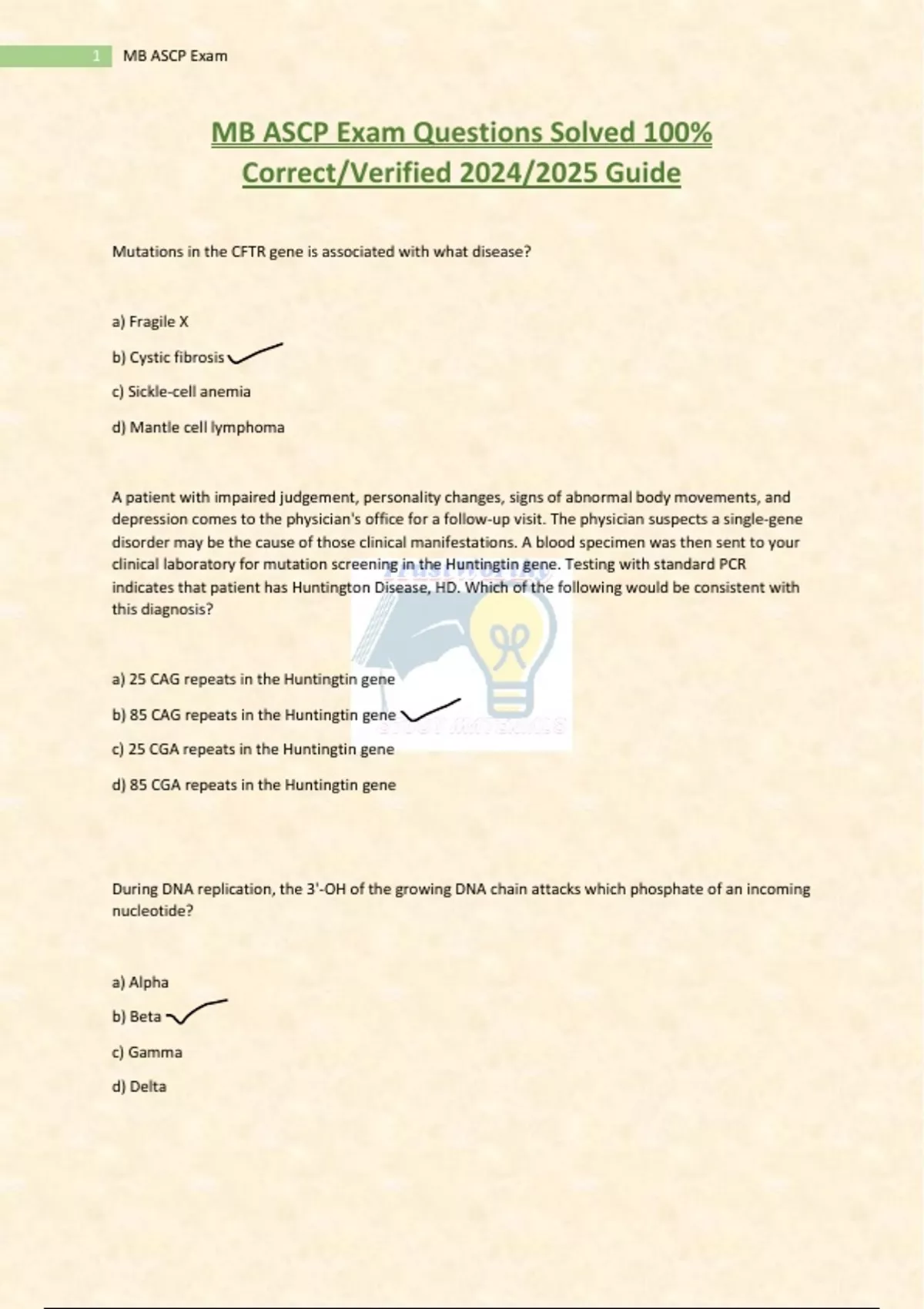 MB ASCP Exam Questions Solved 100% Correct/Verified 2024/2025 Guide ...