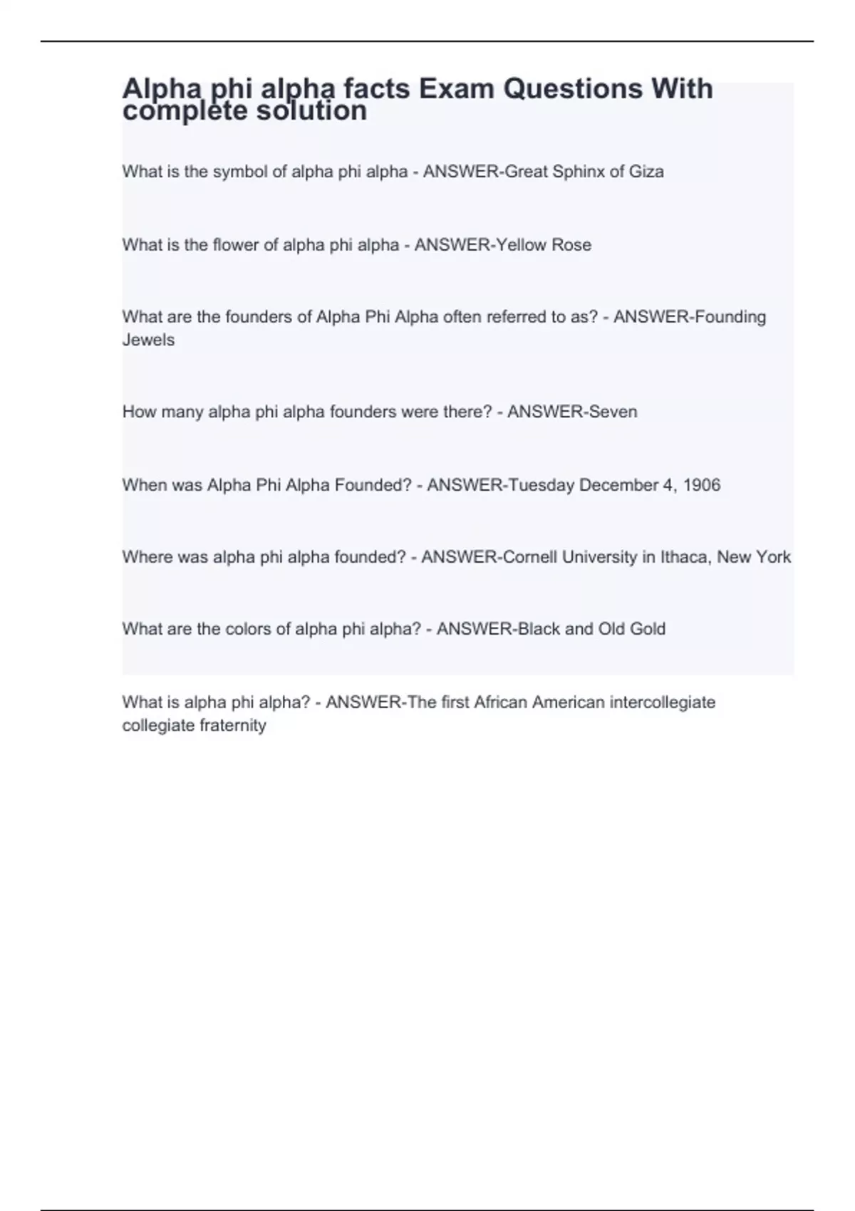 Alpha phi alpha facts Exam Questions With complete solution - Alpha phi alpha facts - Stuvia US