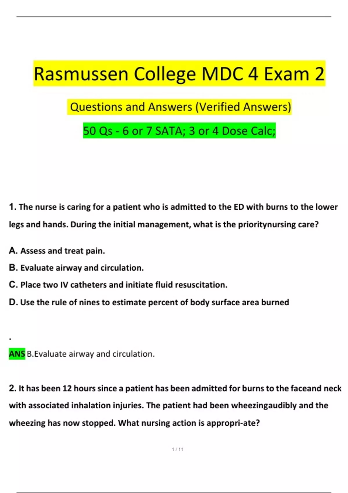 Rasmussen College MDC 4 Exam 2 Questions and Answers 2024 / 2025 | 100% Verified Answers (50 Qs ...