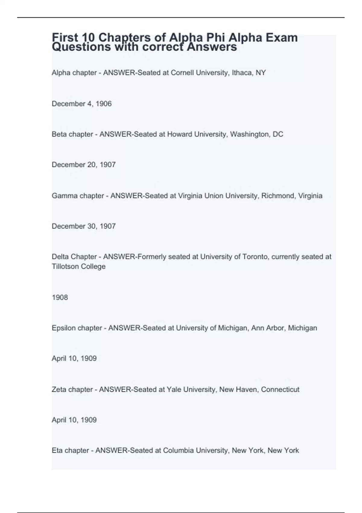 First 10 Chapters of Alpha Phi Alpha Exam Questions with correct Answers - First 10 Chapters of ...
