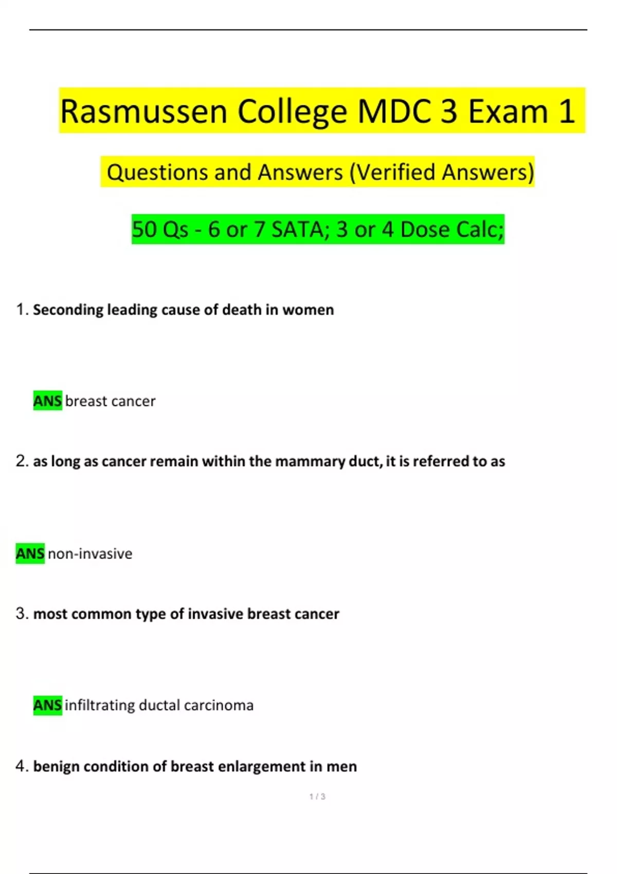 Rasmussen College MDC 3 Exam 1 Questions and Answers 2024 / 2025 | 100% ...