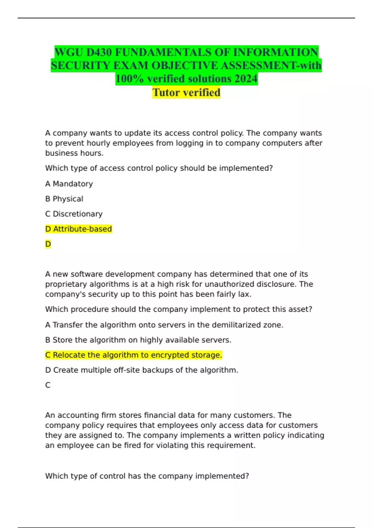 WGU D430 FUNDAMENTALS OF INFORMATION SECURITY EXAM OBJECTIVE ASSESSMENT ...