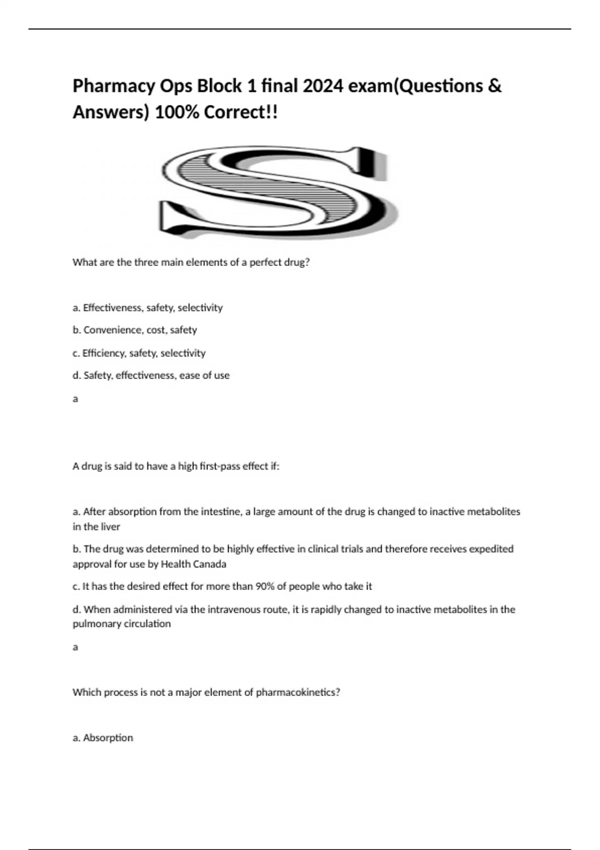 Pharmacy Ops Block 1 final 2024 exam(Questions & Answers) 100% Correct ...