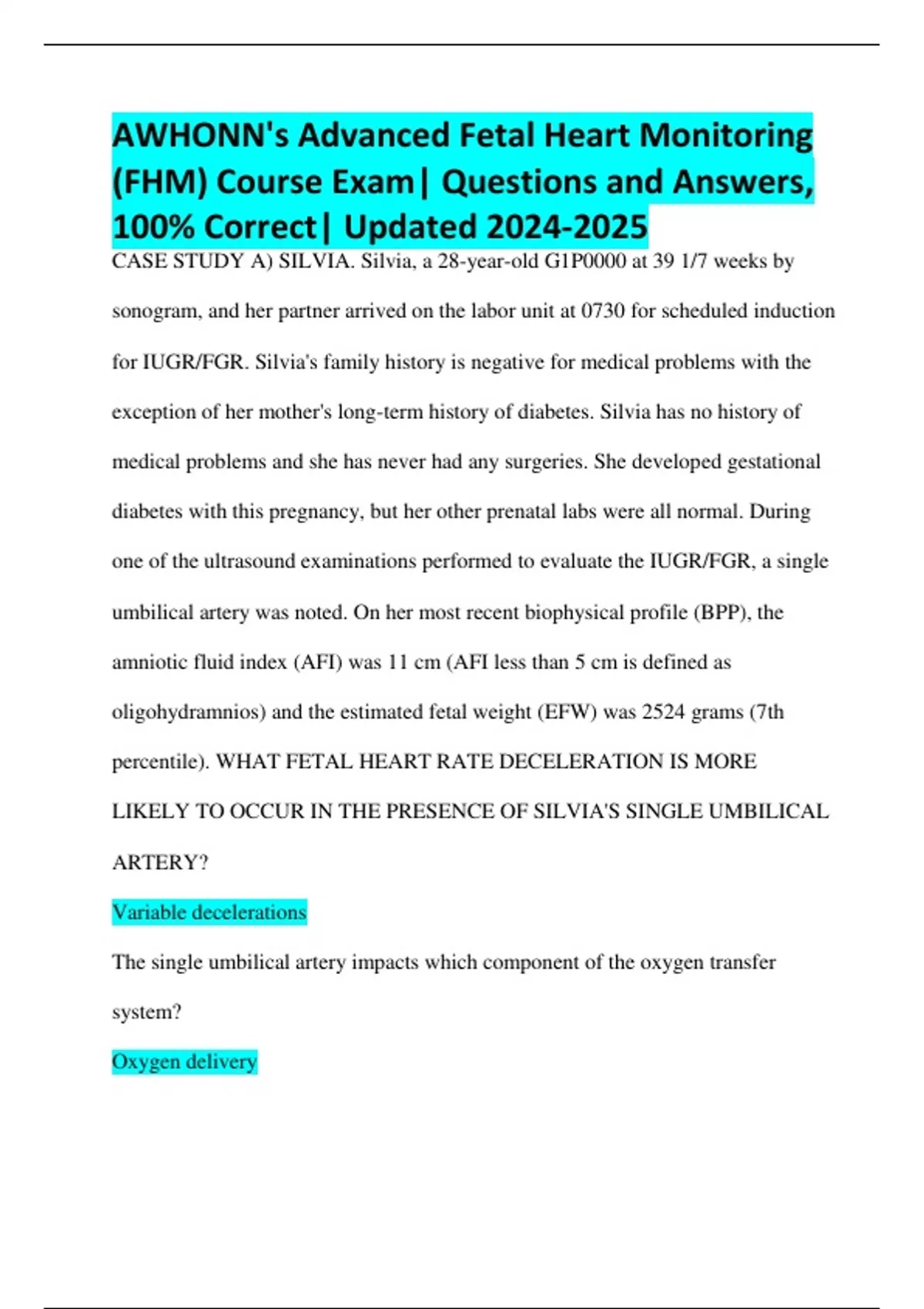 AWHONN's Advanced Fetal Heart Monitoring (FHM) Course Exams PACKAGE ...