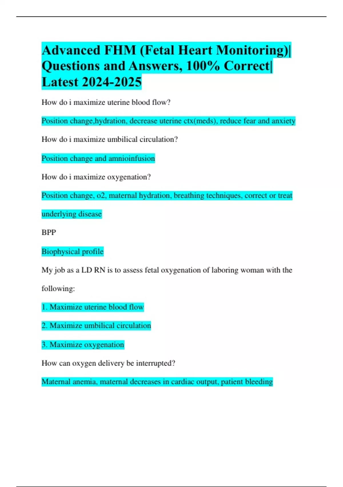 Advanced FHM (Fetal Heart Monitoring)| Questions and Answers, 100% ...