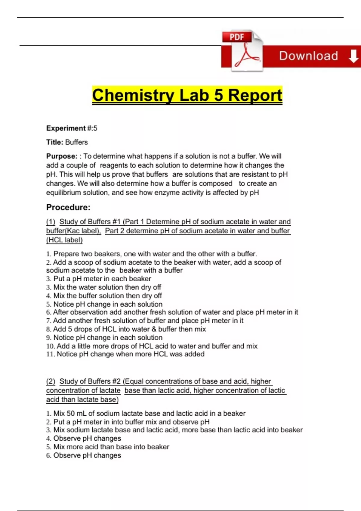 Summary CHEM 104 LAB 5 Report Buffers Complete 2025 / 2026 | 100% ...