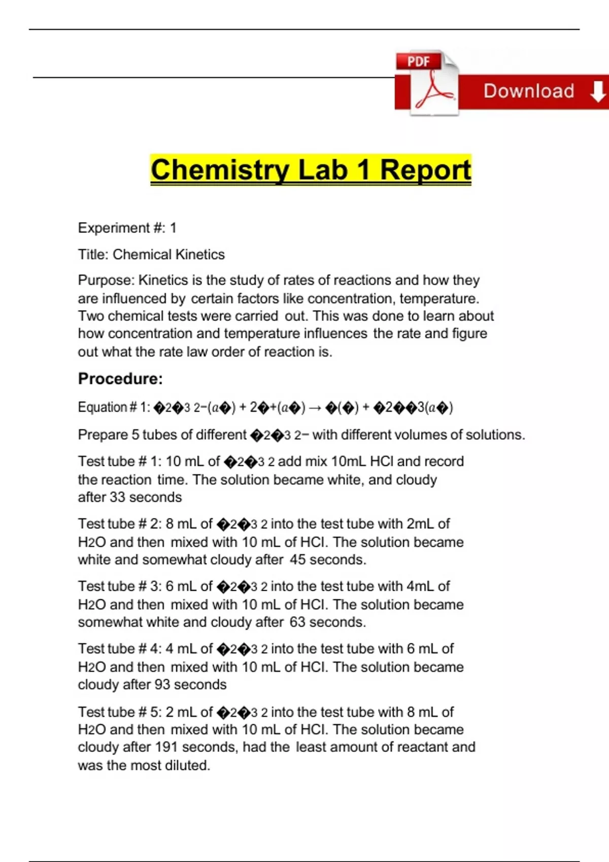 Summary CHEM 104 LAB 1 Report Chemical Kinetics Complete 2024 / 2025 ...