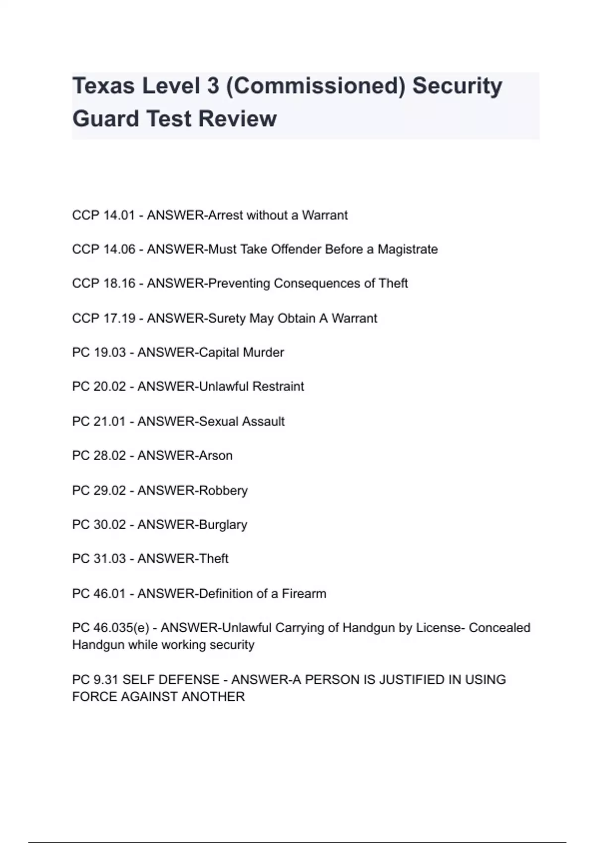 Texas Level 3 (Commissioned) Security Guard Test Review questions and ...