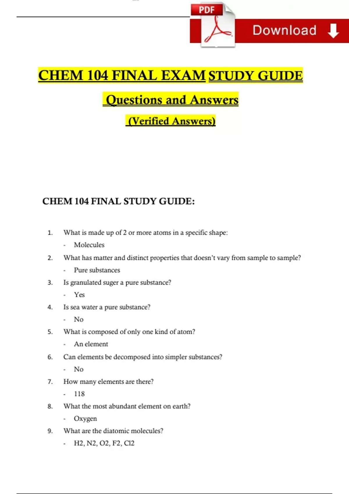 CHEM 104 Final Exam Study Guide Questions and Answers (2024 / 2025 ...