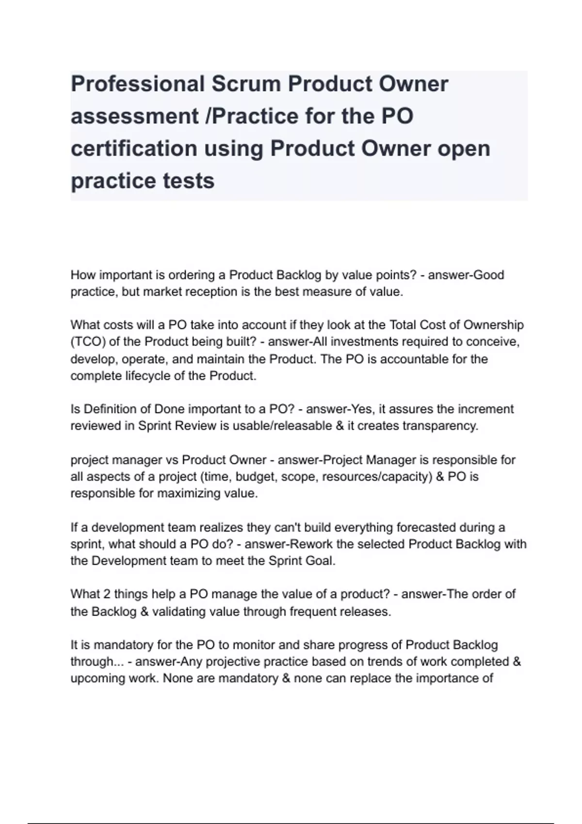 Professional Scrum Product Owner assessment /Practice for the PO certification using Product ...