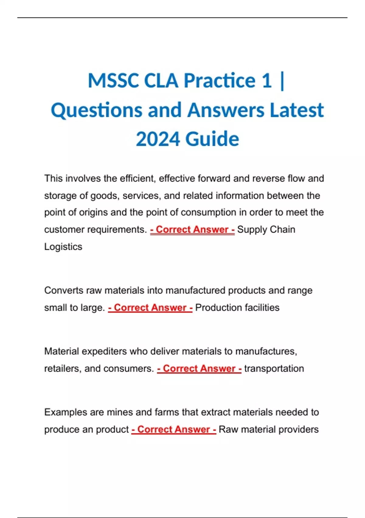 MSSC CLA Practice 1 | Questions and Answers Latest 2024 Guide - MSSC ...