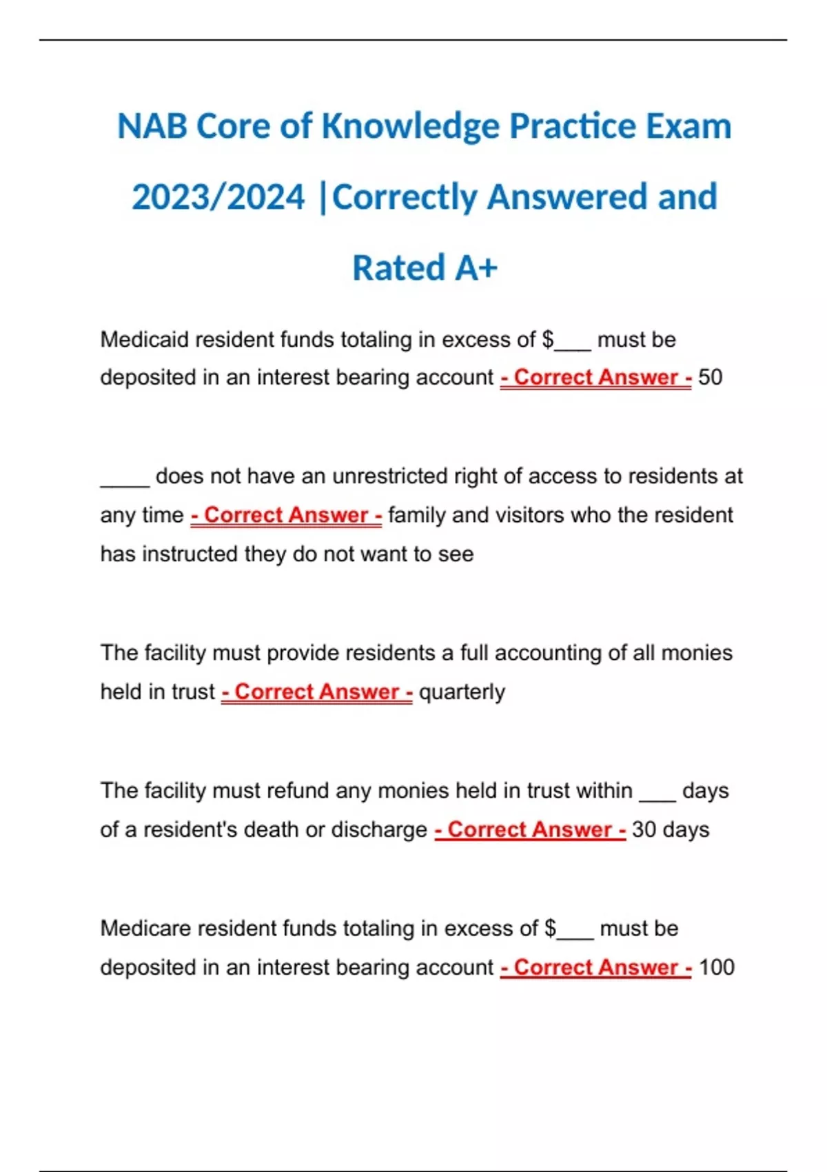 NAB Core of Knowledge Practice Exam 2023/2024 |Correctly Answered and Rated A+ - NAB CORE ...