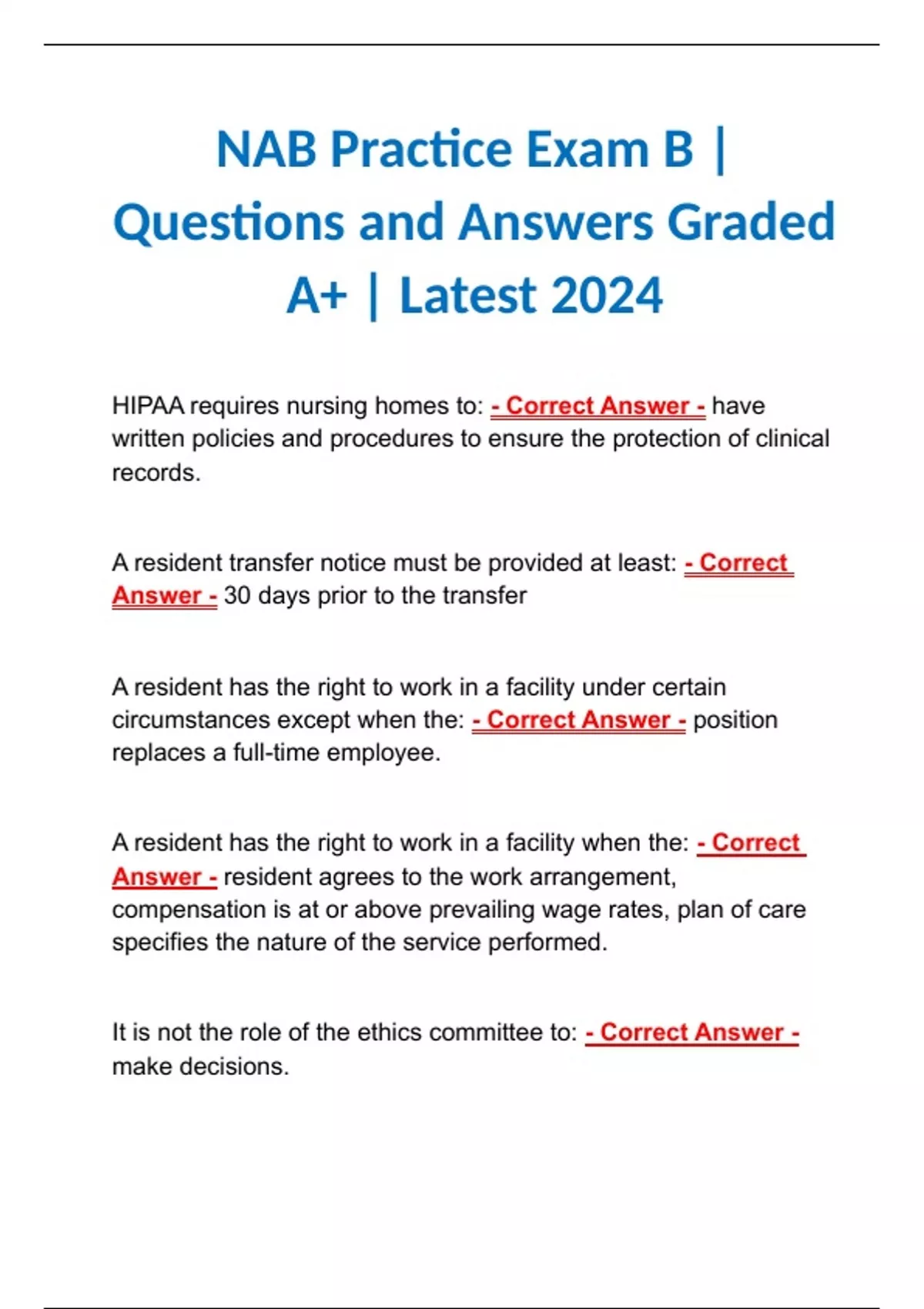 NAB Practice Exam B | Questions and Answers Graded A+ | Latest 2024 ...