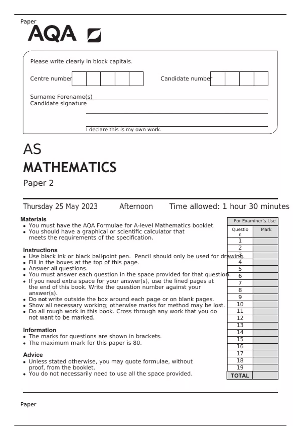 AQA AS LEVEL MATHEMATICS Question Papers and Mark Schemes Papers 1 and ...