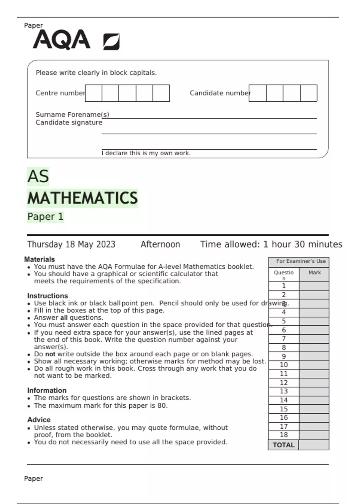 AQA AS Level MATHEMATICS Question Paper 1 MAY 2023 - AS MATHEMATICS ...