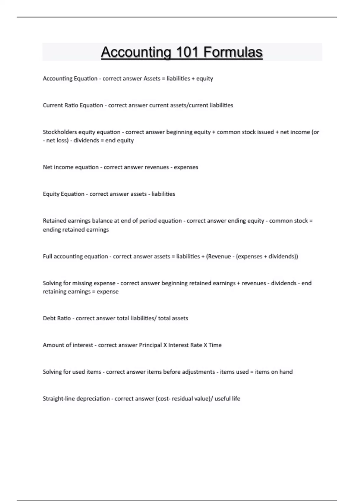 Accounting 101 Formulas Questions and answers latest update 2024 ...