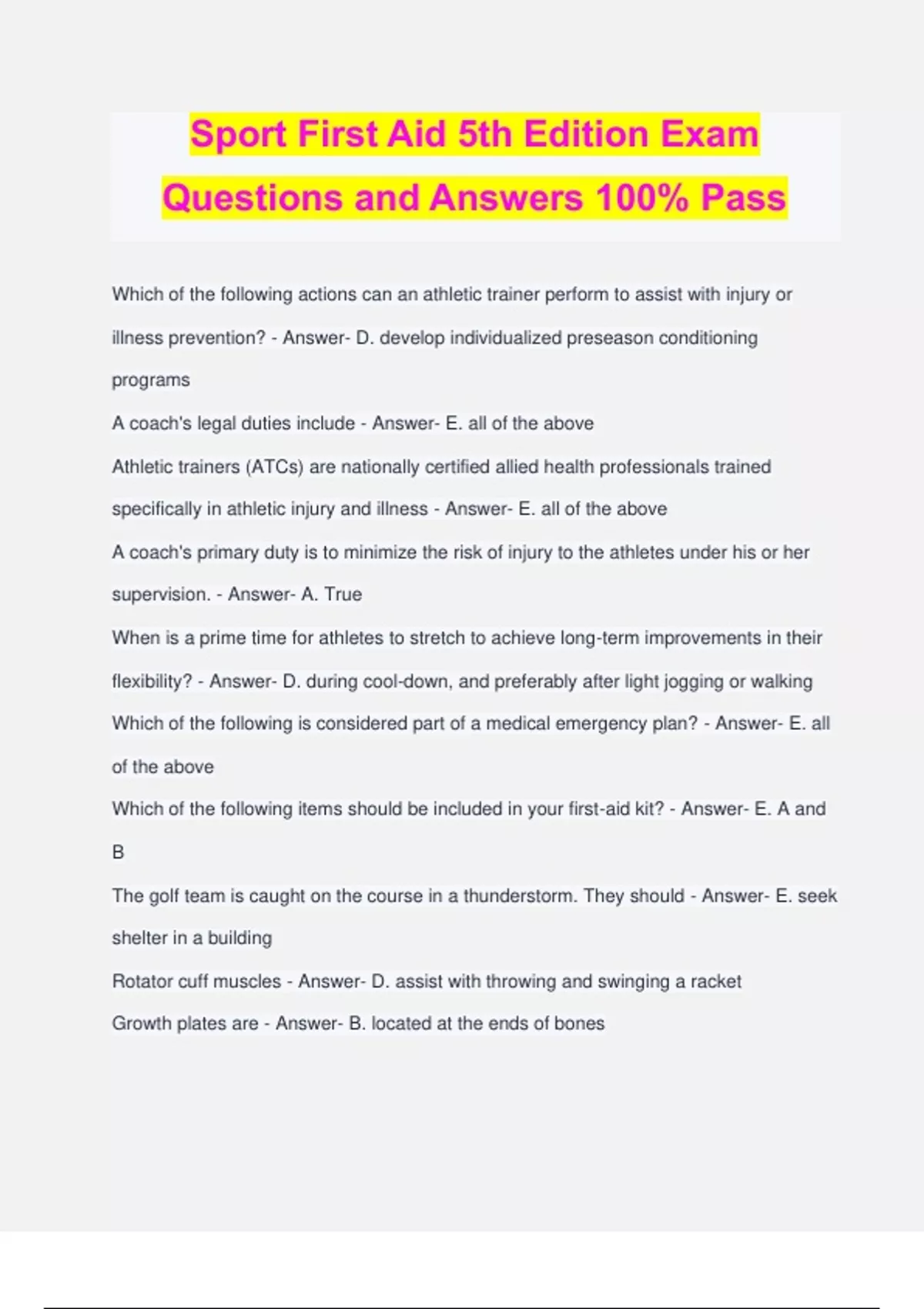 Sport First Aid 5th Edition Exam Questions and Answers 100% Pass ...