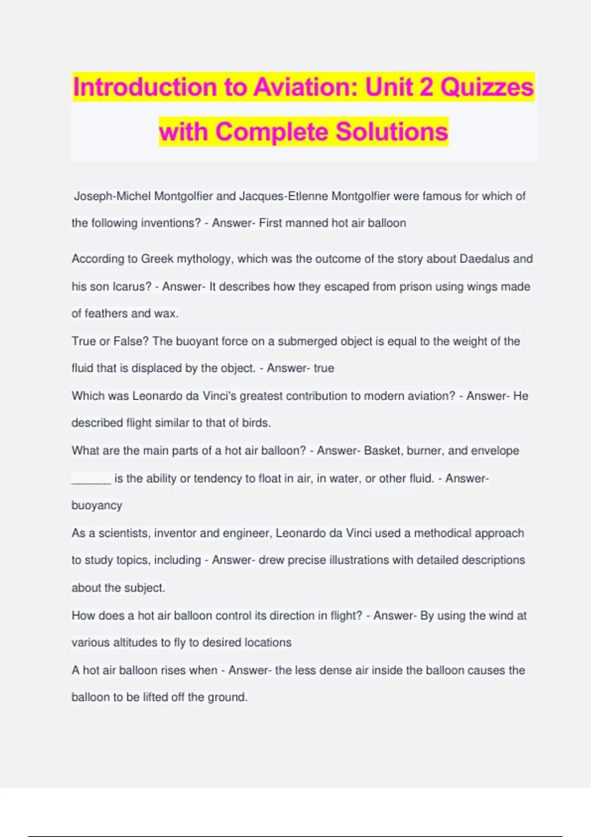 Introduction to Aviation: Unit 2 Quizzes with Complete Solutions ...
