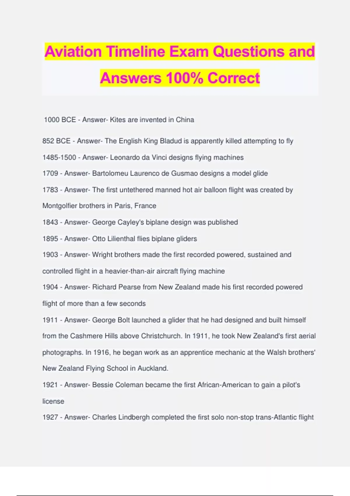 Aviation Timeline Exam Questions and Answers 100% Correct - Aviation ...