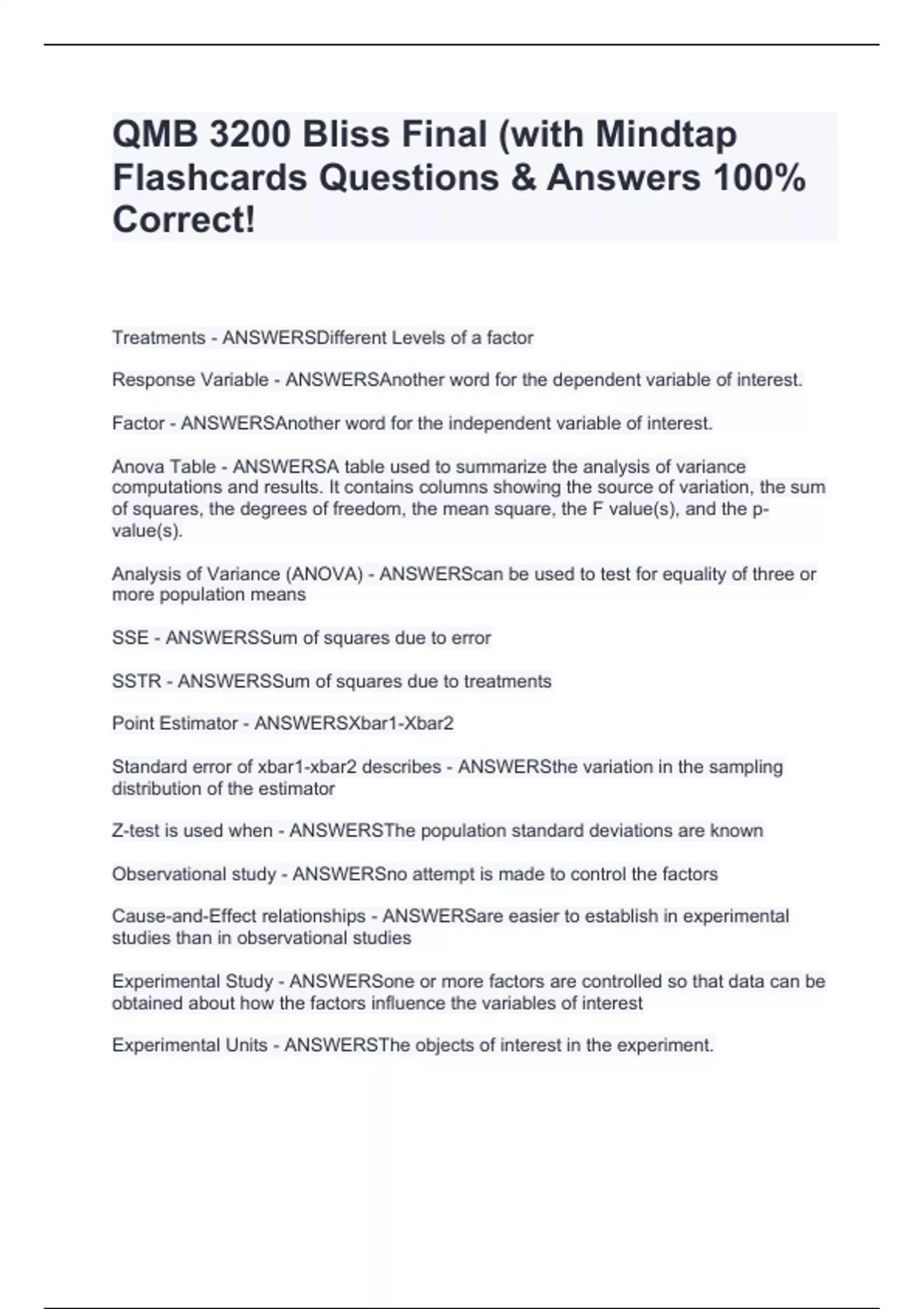 QMB 3200 Bliss Final (with Mindtap Flashcards Questions & Answers 100% ...