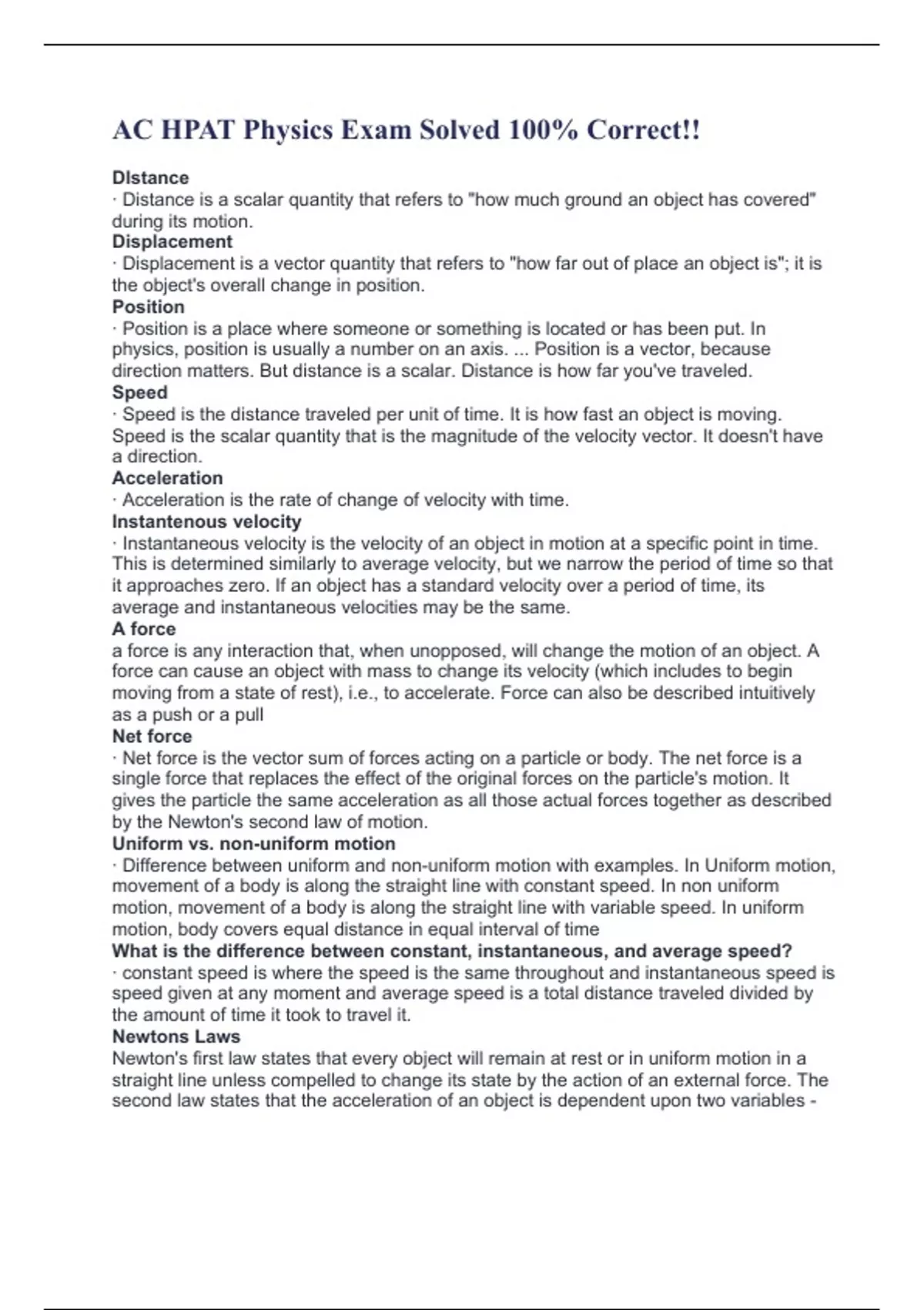 AC HPAT Physics Exam Solved 100% Correct!! - AC HPAT - Stuvia US