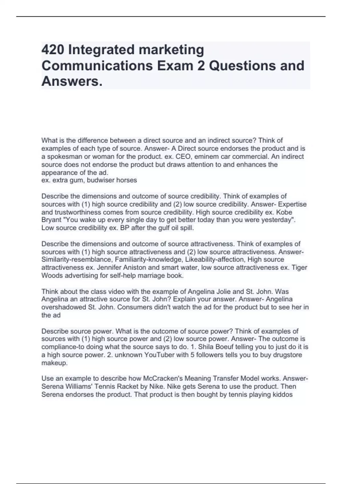 420 Integrated marketing Communications Exam 2 Questions and Answers ...