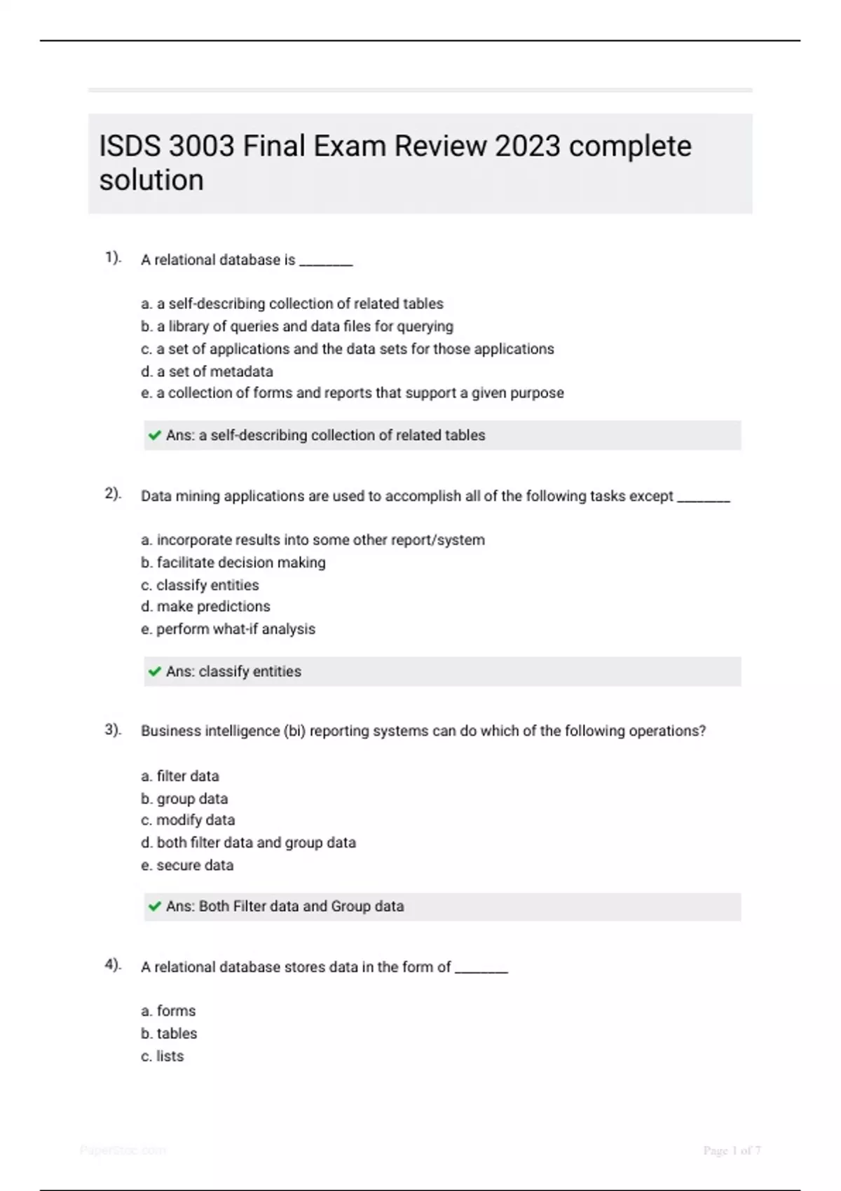 ISDS 3003 Final Exam Review 2023 complete solution - NU1426 - Stuvia US