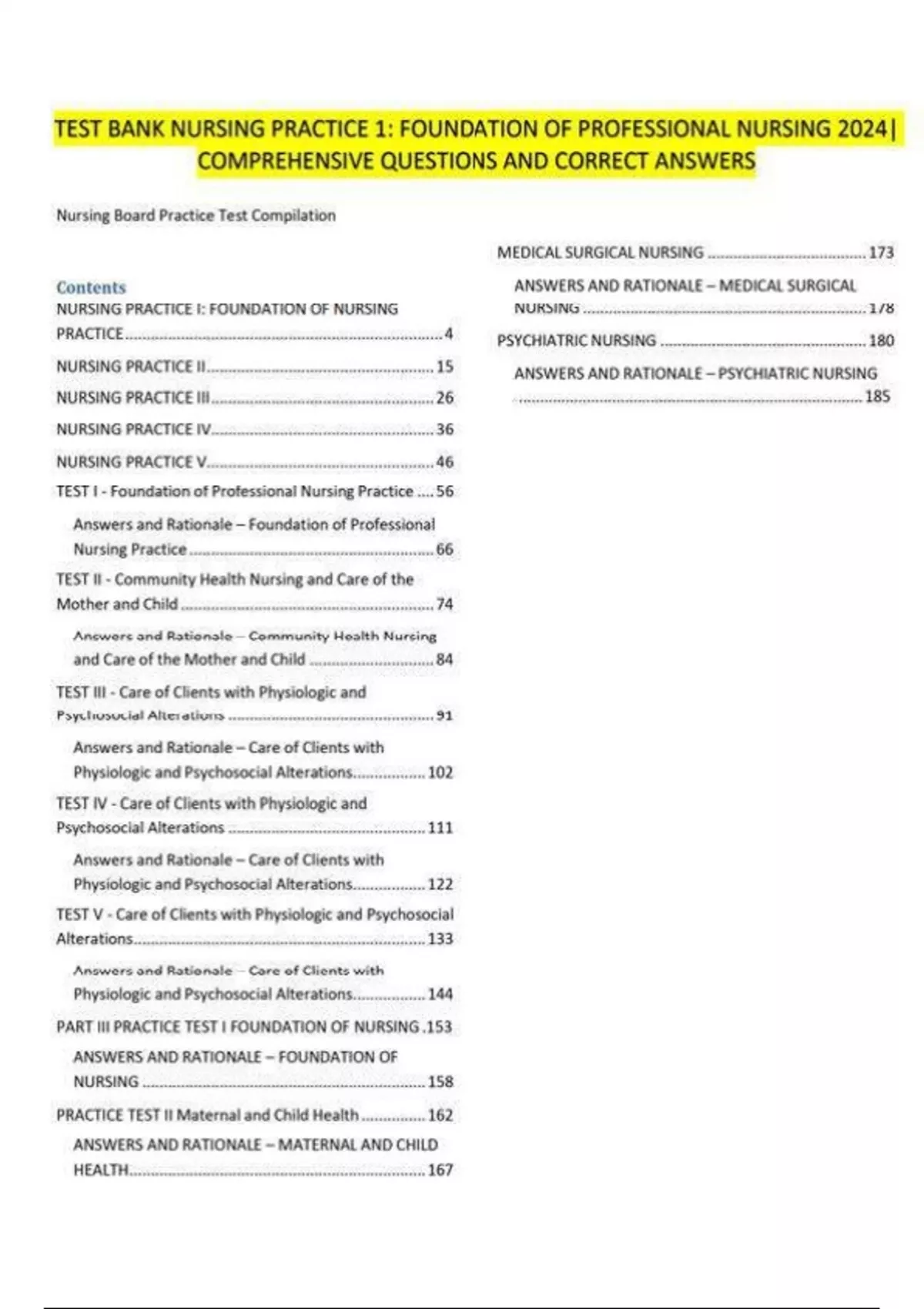 TEST BANK NURSING PRACTICE 1: FOUNDATION OF PROFESSIONAL NURSING 2024 ...