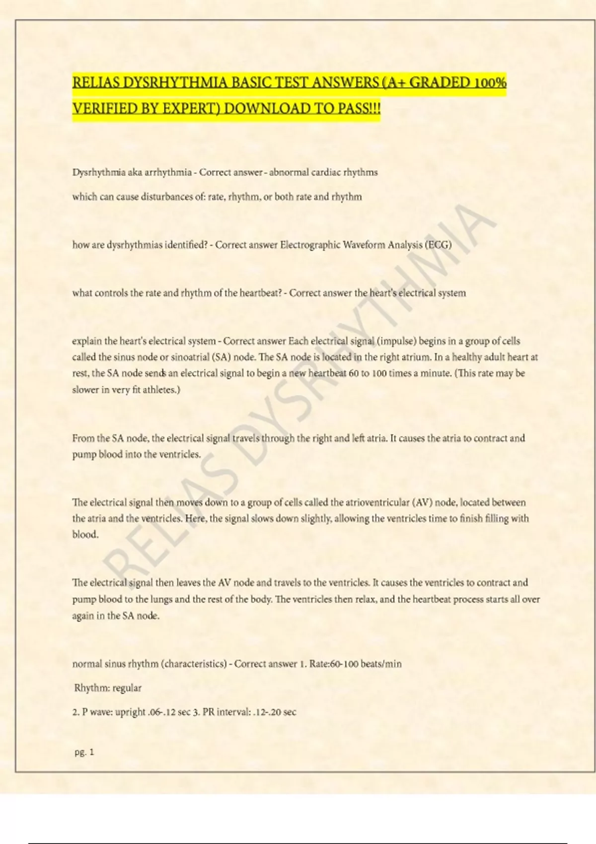 RELIAS DYSRHYTHMIA BASIC TEST ANSWERS 2024 (A+ GRADED 100% VERIFIED BY ...