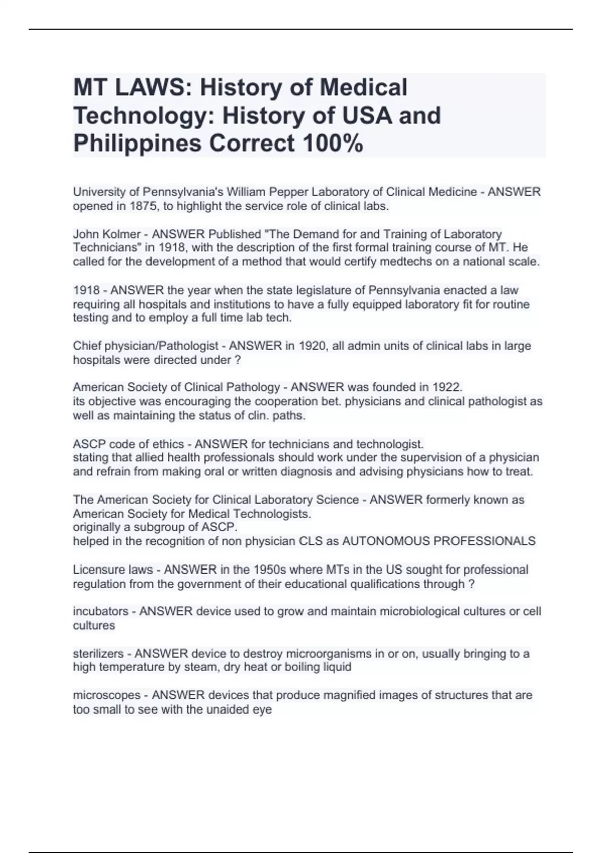 MT LAWS: History of Medical Technology: History of USA and Philippines Correct 100% - MT LAWS ...